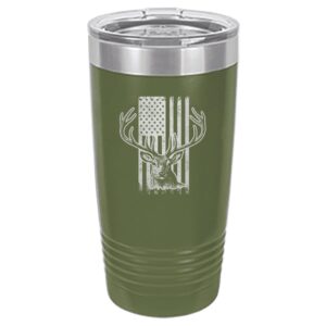 Rogue River Tactical USA Flag Buck Hunting 20 Oz. Travel Tumbler Mug Cup w/Lid Vacuum Insulated Hot or Cold United States Deer (Green)