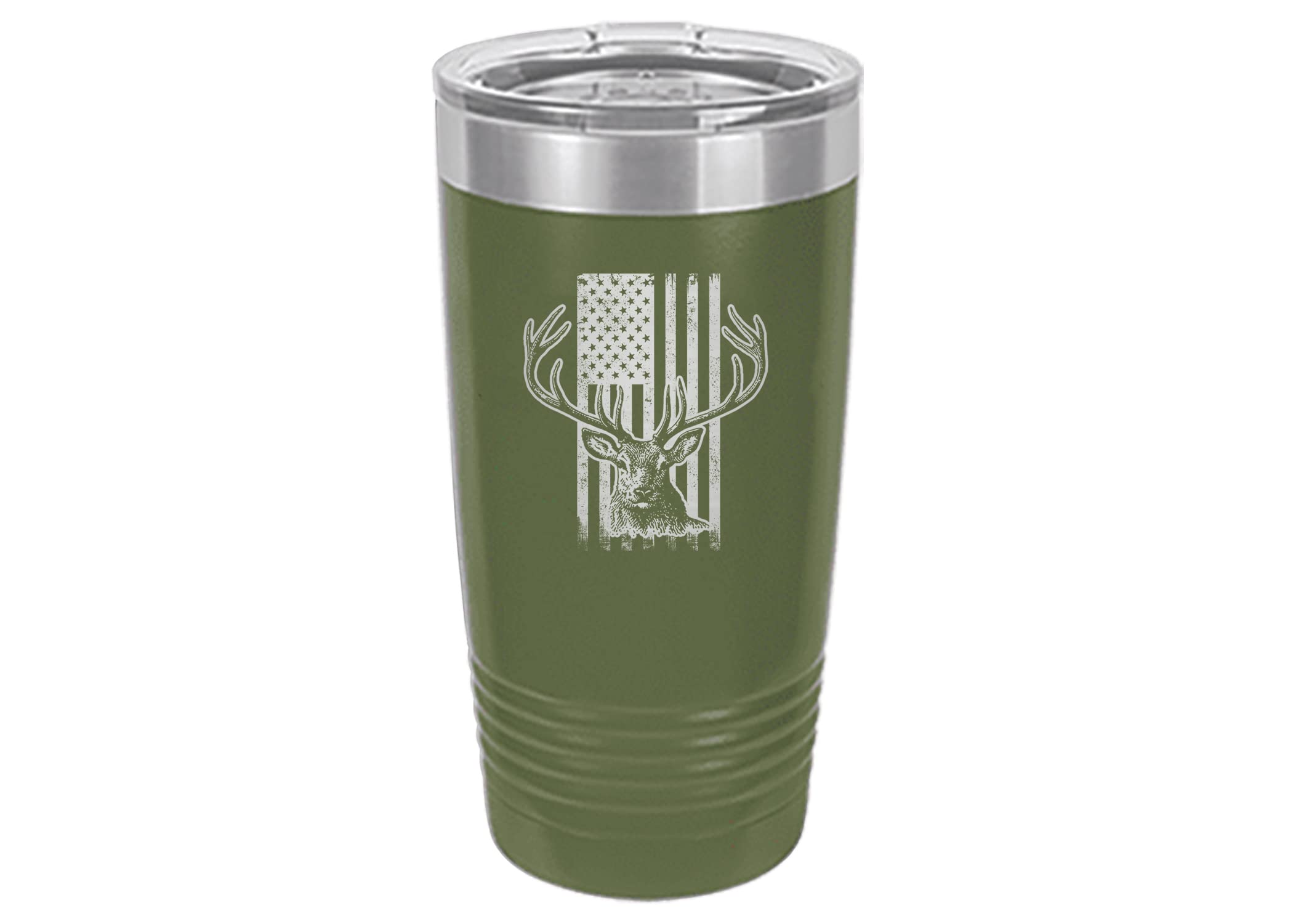 Rogue River Tactical USA Flag Buck Hunting 20 Oz. Travel Tumbler Mug Cup w/Lid Vacuum Insulated Hot or Cold United States Deer (Green)