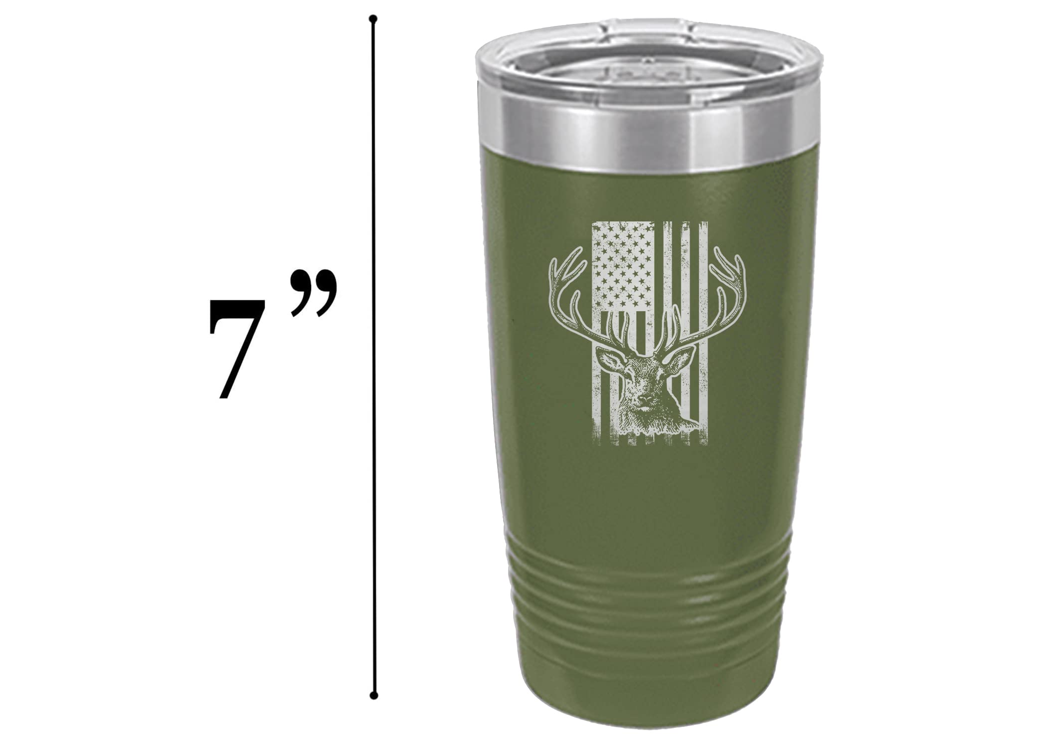 Rogue River Tactical USA Flag Buck Hunting 20 Oz. Travel Tumbler Mug Cup w/Lid Vacuum Insulated Hot or Cold United States Deer (Green)