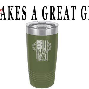 Rogue River Tactical USA Flag Buck Hunting 20 Oz. Travel Tumbler Mug Cup w/Lid Vacuum Insulated Hot or Cold United States Deer (Green)