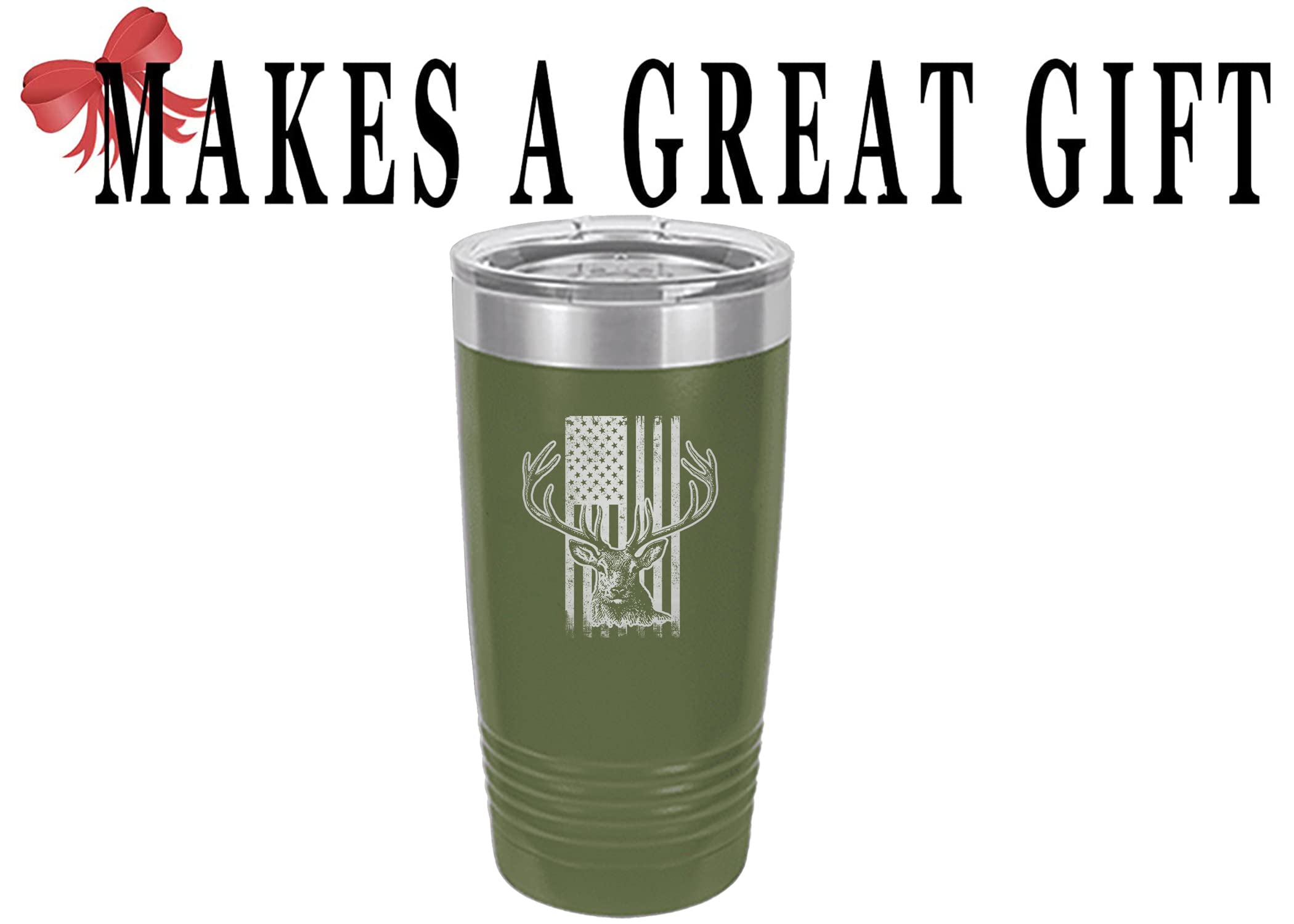 Rogue River Tactical USA Flag Buck Hunting 20 Oz. Travel Tumbler Mug Cup w/Lid Vacuum Insulated Hot or Cold United States Deer (Green)