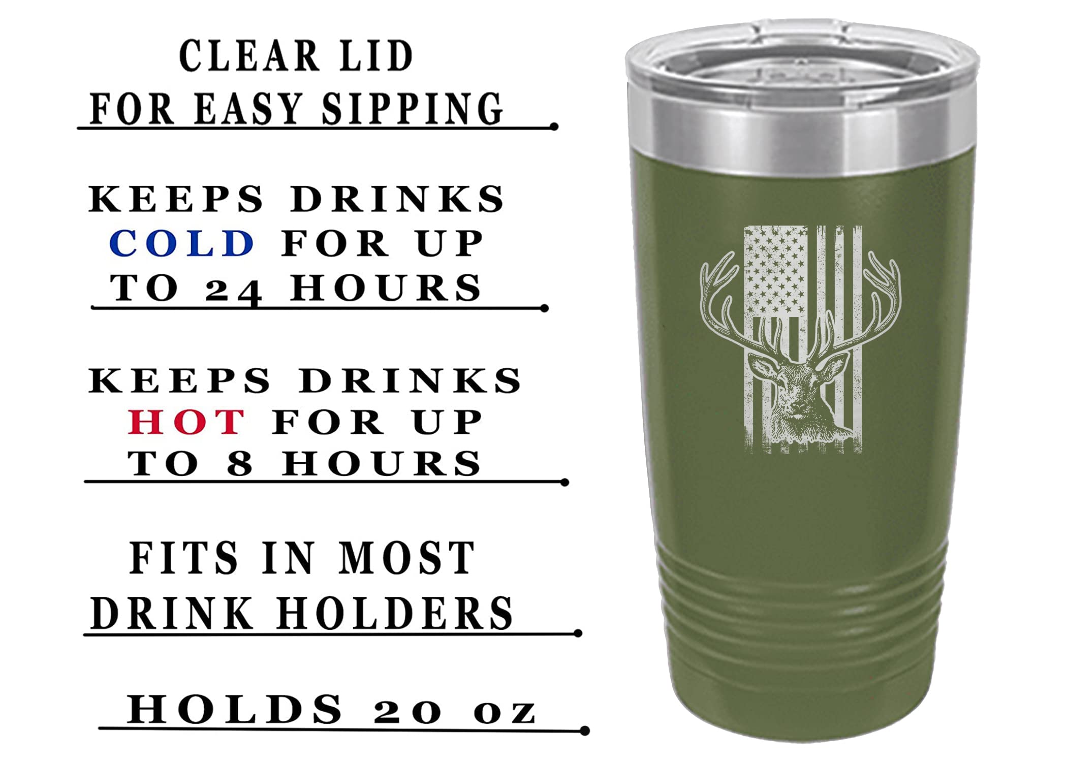 Rogue River Tactical USA Flag Buck Hunting 20 Oz. Travel Tumbler Mug Cup w/Lid Vacuum Insulated Hot or Cold United States Deer (Green)