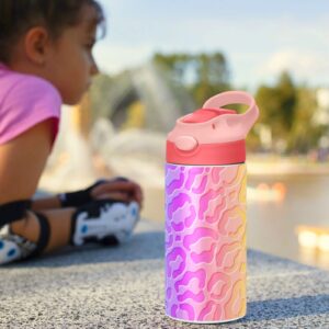 Children Insulated Water Bottles with Straw for School Kids Rainbow Leopard Print Cheetah Animal Stainless Steel Vacuum Double Wall Keeps Hot and Cold with Handles