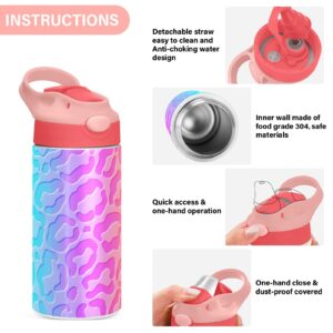 Children Insulated Water Bottles with Straw for School Kids Rainbow Leopard Print Cheetah Animal Stainless Steel Vacuum Double Wall Keeps Hot and Cold with Handles