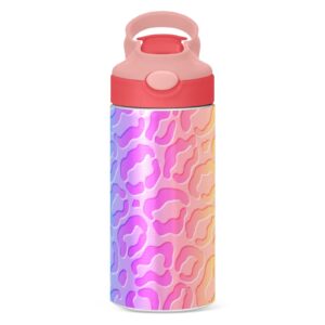 Children Insulated Water Bottles with Straw for School Kids Rainbow Leopard Print Cheetah Animal Stainless Steel Vacuum Double Wall Keeps Hot and Cold with Handles