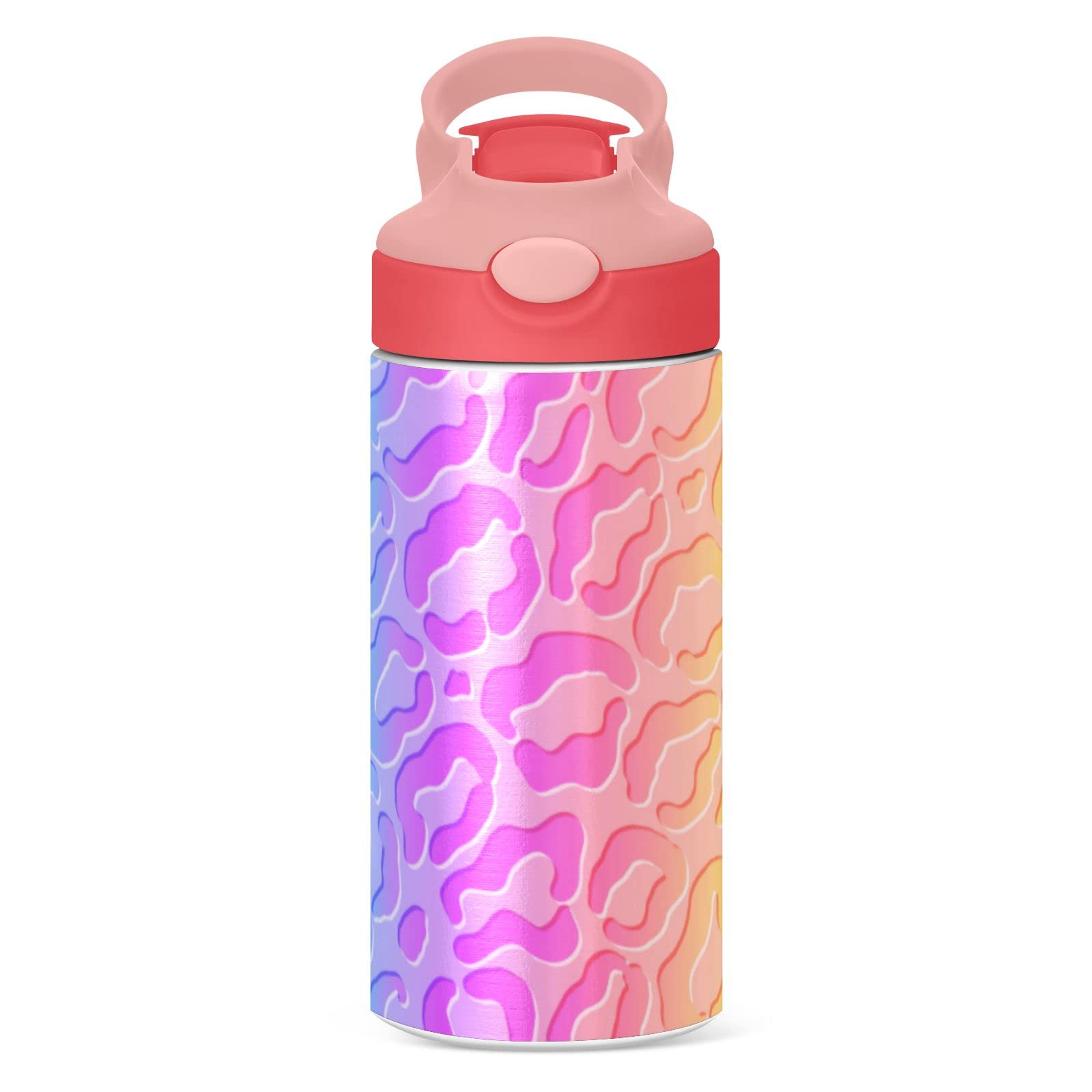 Children Insulated Water Bottles with Straw for School Kids Rainbow Leopard Print Cheetah Animal Stainless Steel Vacuum Double Wall Keeps Hot and Cold with Handles