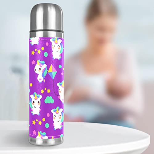 Cute Unicorn Purple Pattern Stainless Steel Water Bottle Leak-Proof, Double Walled Vacuum Insulated Flask Thermos Cup Travel Mug 17 OZ