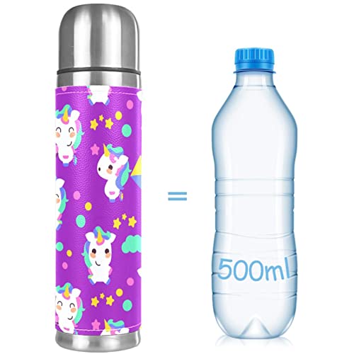 Cute Unicorn Purple Pattern Stainless Steel Water Bottle Leak-Proof, Double Walled Vacuum Insulated Flask Thermos Cup Travel Mug 17 OZ