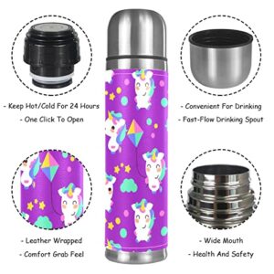 Cute Unicorn Purple Pattern Stainless Steel Water Bottle Leak-Proof, Double Walled Vacuum Insulated Flask Thermos Cup Travel Mug 17 OZ