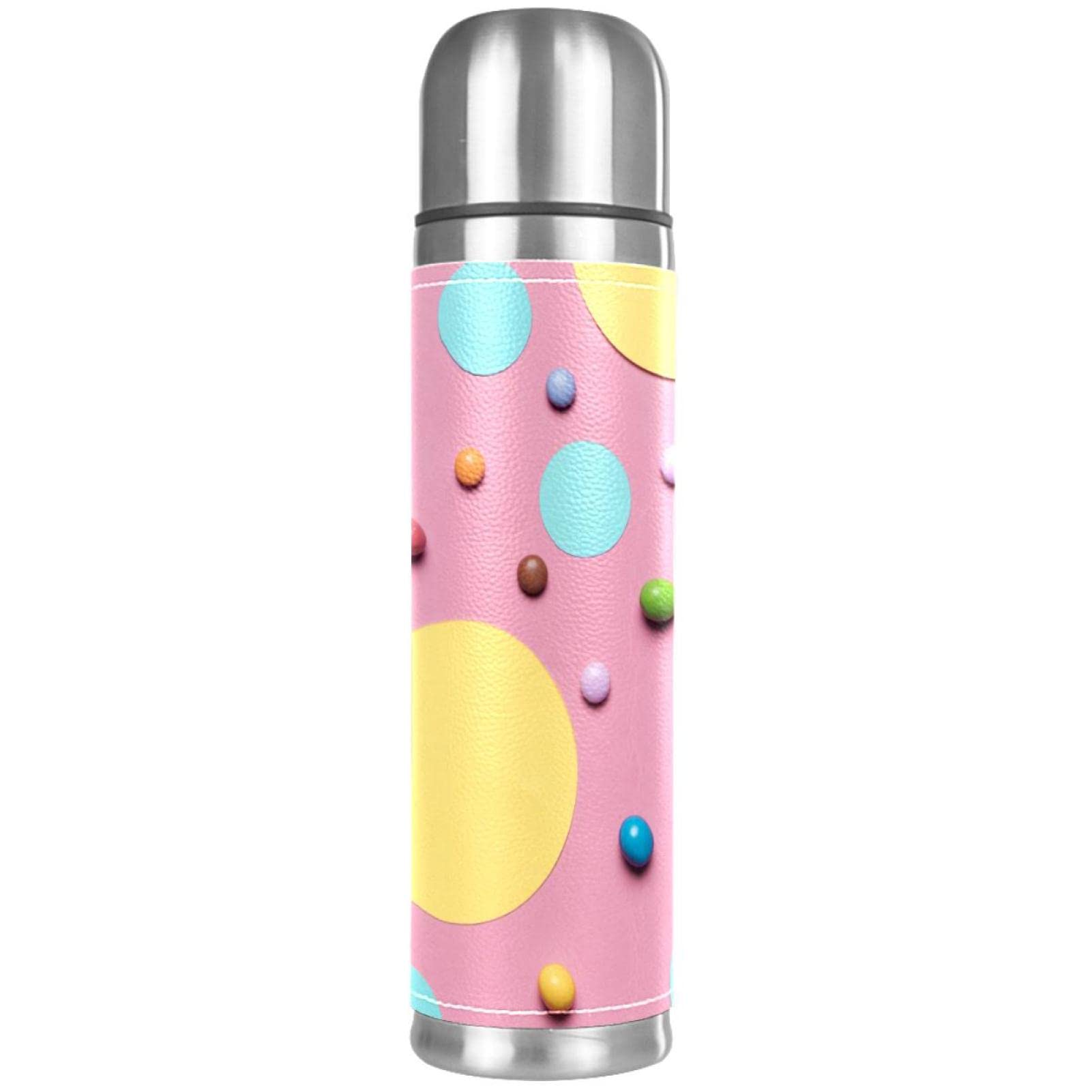 Yellow Circular Frames with Colorful Candies Vacuum Insulated Water Bottle Stainless Steel Thermos Flask Travel Mug Coffee Cup Double Walled 17 OZ