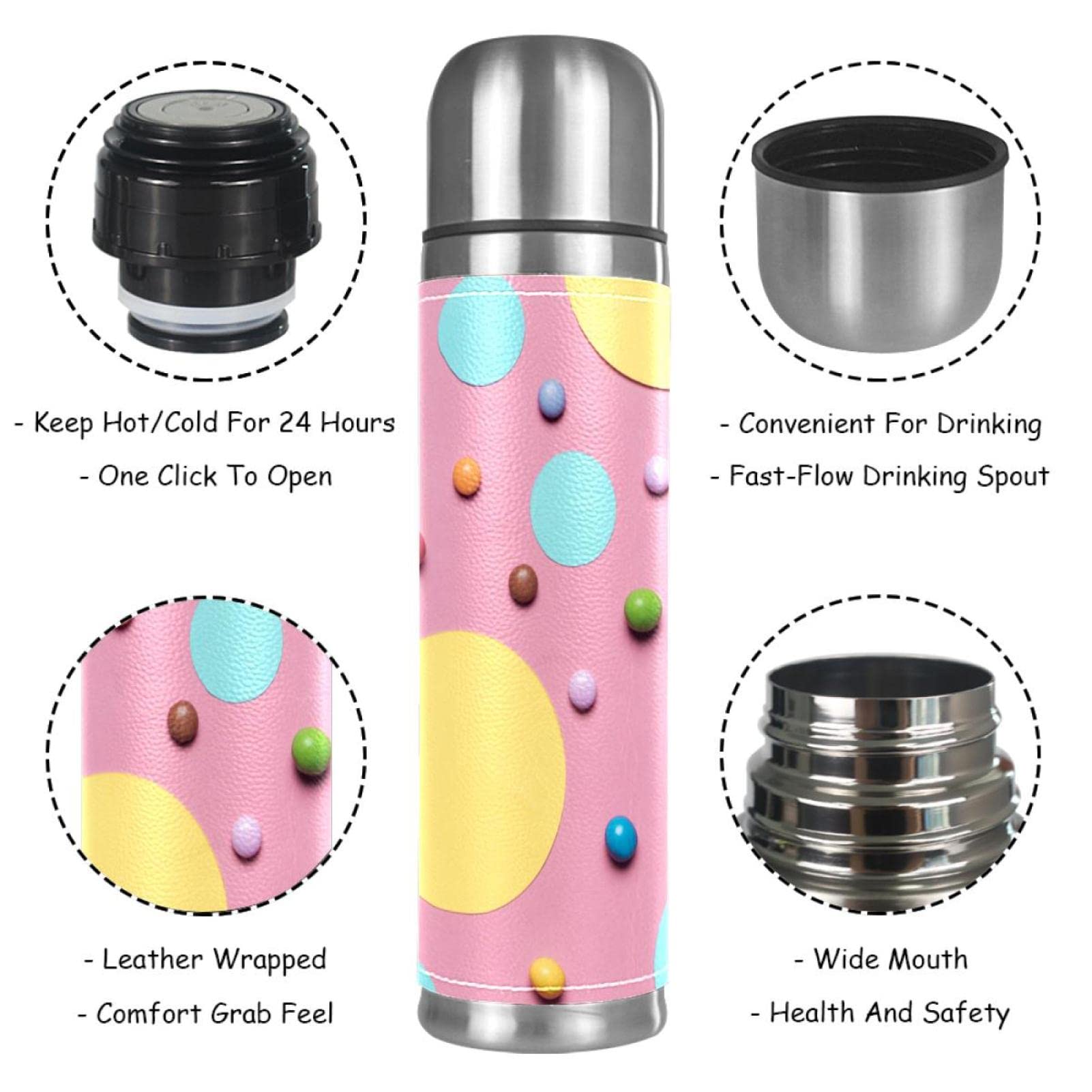 Yellow Circular Frames with Colorful Candies Vacuum Insulated Water Bottle Stainless Steel Thermos Flask Travel Mug Coffee Cup Double Walled 17 OZ