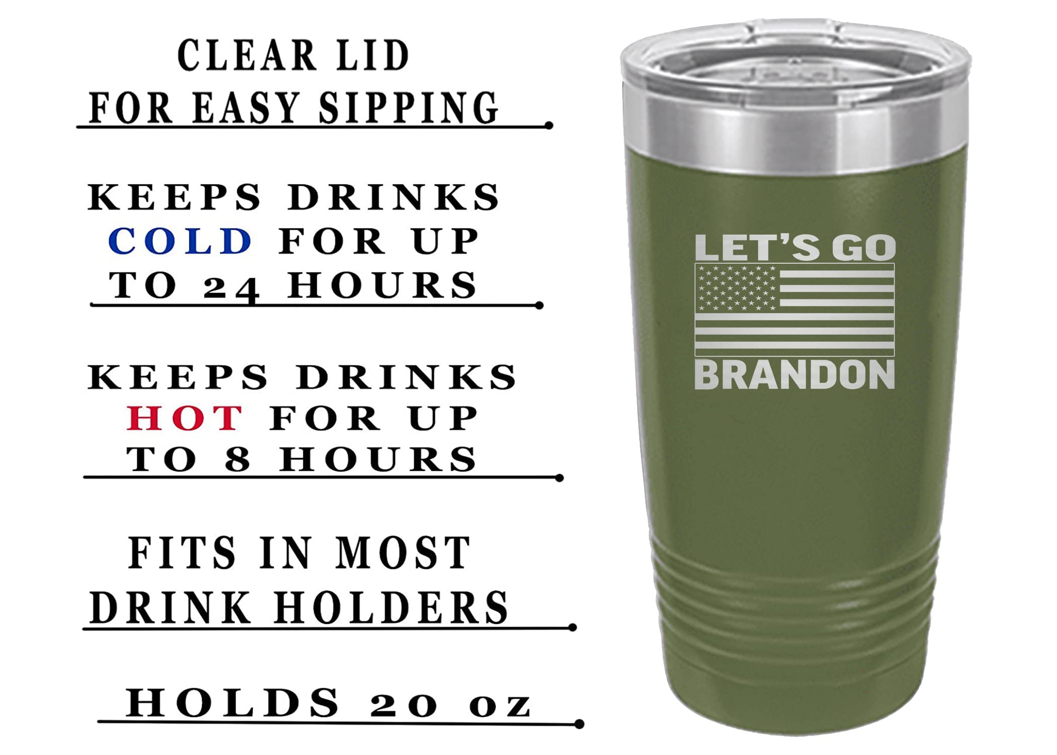 Rogue River Tactical Funny Let's Go Brandon 20 Ounce Large Stainless Steel Travel Tumbler Mug Cup Great Gag Gift (Green)