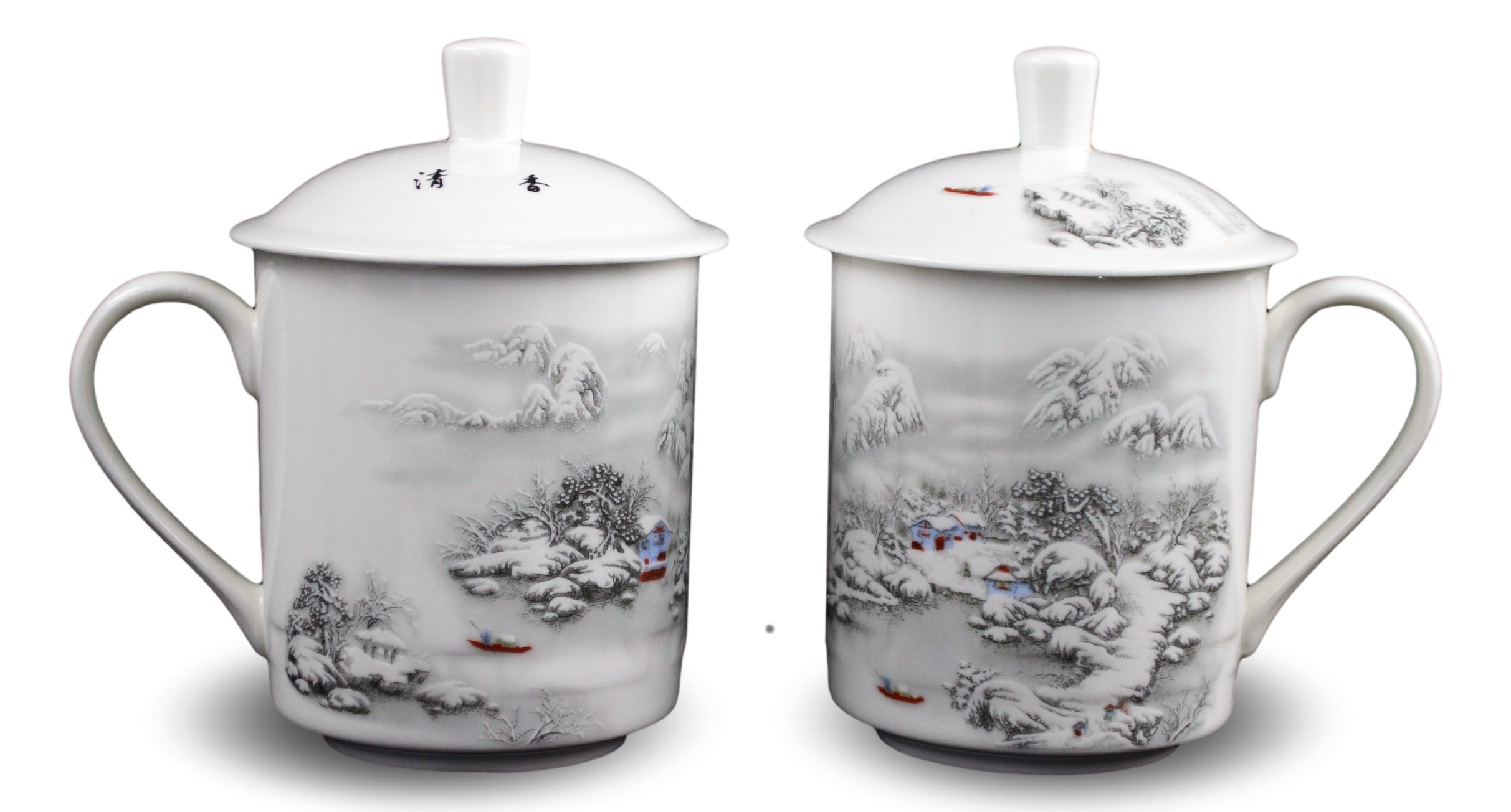 Festcool 2 Bone China 14-ounce Tea Cups Coffee Mug (With Lid) Snow Scene Porcelain One Pair Jingdezhen