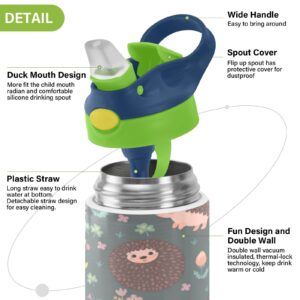 Cute Hedgehog Kids Water Bottle, BPA-Free Vacuum Insulated Stainless Steel Water Bottle with Straw Lid Double Walled Leakproof Flask for Girls Boys Toddlers, 12Oz