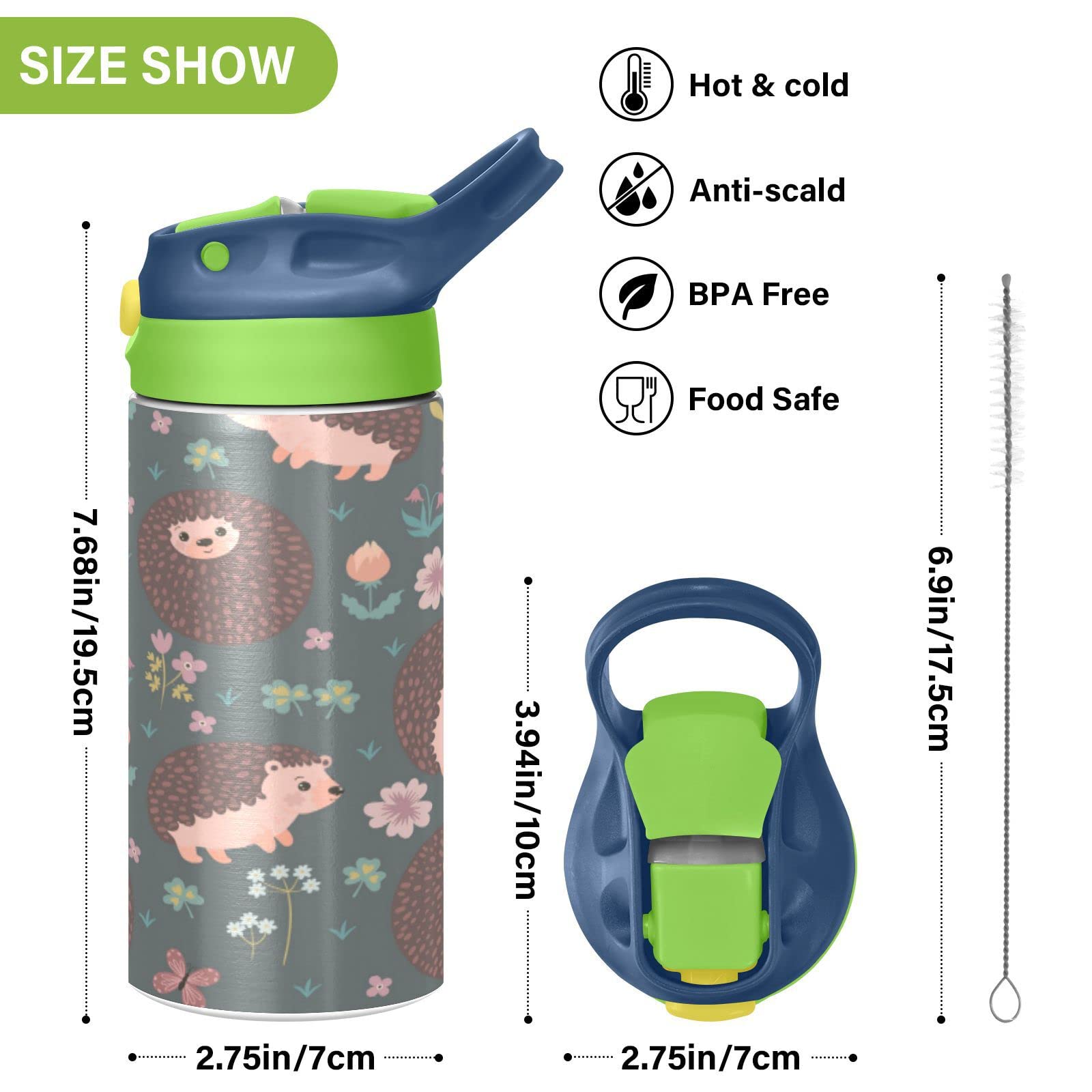 Cute Hedgehog Kids Water Bottle, BPA-Free Vacuum Insulated Stainless Steel Water Bottle with Straw Lid Double Walled Leakproof Flask for Girls Boys Toddlers, 12Oz