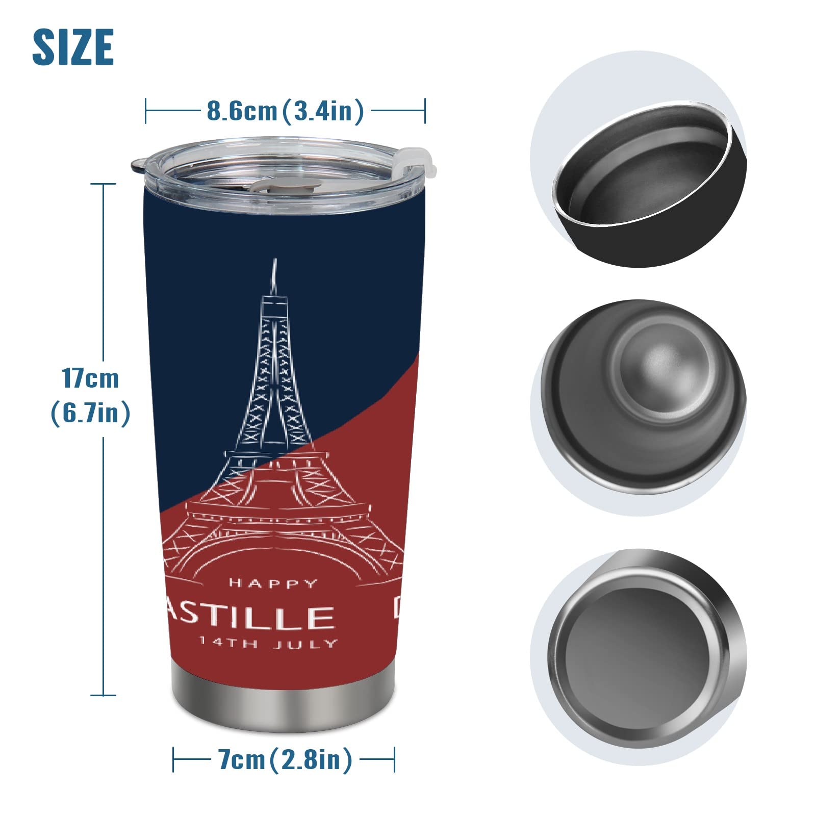 ZGONOHYE 20oz Insulated Tumblers with Lid Happy Bastille Day Eiffel Tower France National Day Stainless Steel Double Wall Vacuum Coffee Tumbler Cup Travel Mug Gifts for Hot or Cold Drinks