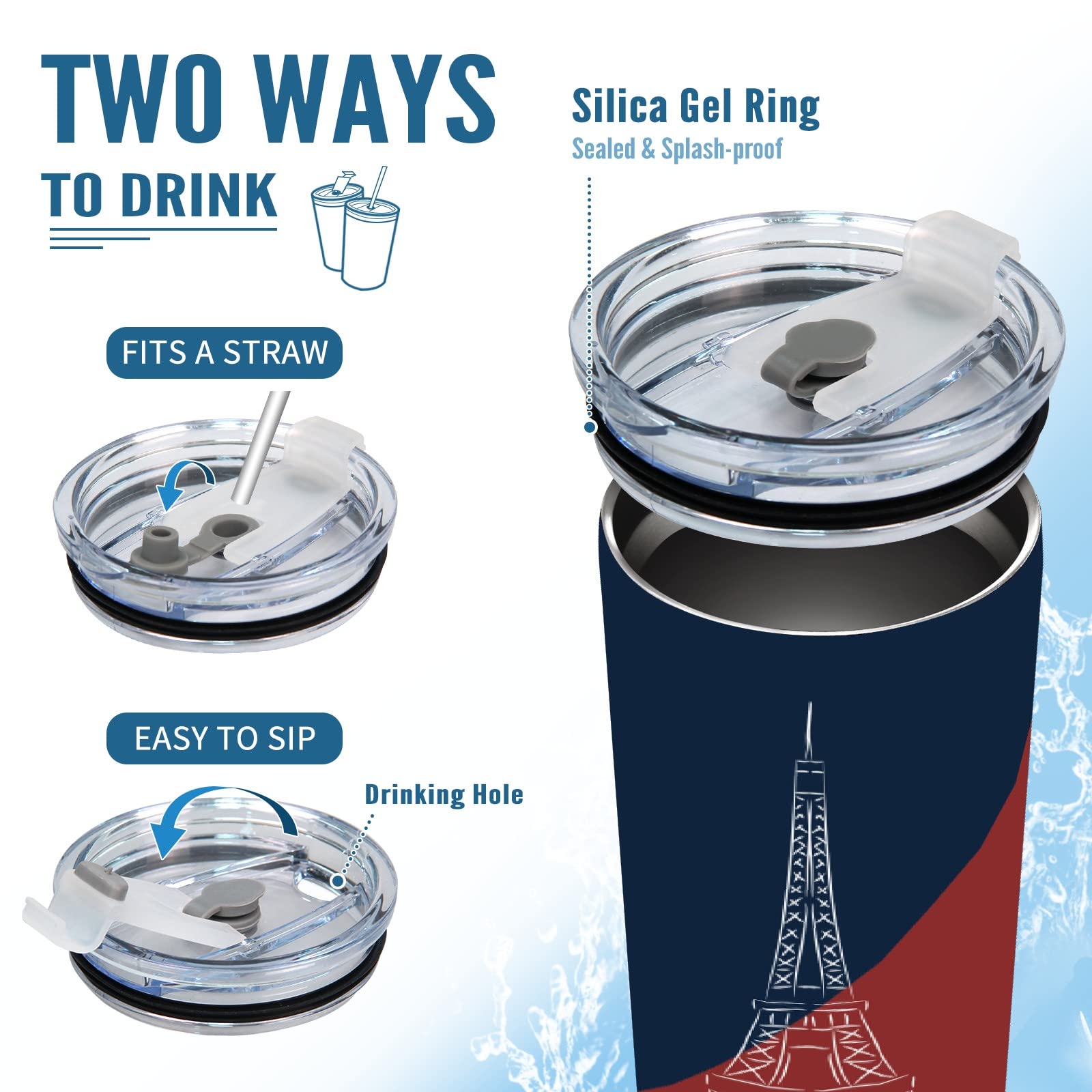 ZGONOHYE 20oz Insulated Tumblers with Lid Happy Bastille Day Eiffel Tower France National Day Stainless Steel Double Wall Vacuum Coffee Tumbler Cup Travel Mug Gifts for Hot or Cold Drinks