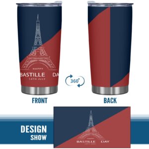 ZGONOHYE 20oz Insulated Tumblers with Lid Happy Bastille Day Eiffel Tower France National Day Stainless Steel Double Wall Vacuum Coffee Tumbler Cup Travel Mug Gifts for Hot or Cold Drinks