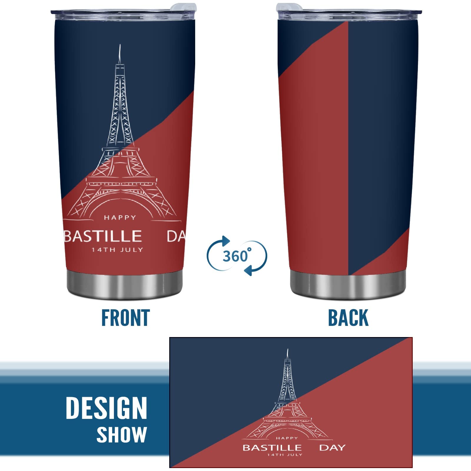 ZGONOHYE 20oz Insulated Tumblers with Lid Happy Bastille Day Eiffel Tower France National Day Stainless Steel Double Wall Vacuum Coffee Tumbler Cup Travel Mug Gifts for Hot or Cold Drinks