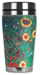 mugzie klimt sunflowers travel mug with insulated wetsuit cover, 16 oz, black