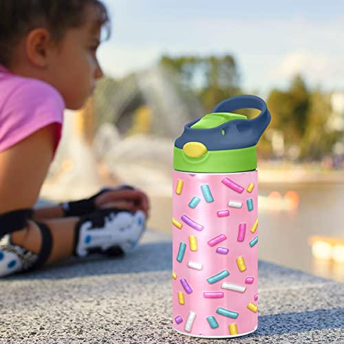 Kigai Pink Donut Glaze Kids Water Bottle, BPA-Free Vacuum Insulated Stainless Steel Water Bottle with Straw Lid Double Walled Leakproof Flask for Girls Boys Toddlers, 12Oz