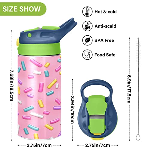 Kigai Pink Donut Glaze Kids Water Bottle, BPA-Free Vacuum Insulated Stainless Steel Water Bottle with Straw Lid Double Walled Leakproof Flask for Girls Boys Toddlers, 12Oz