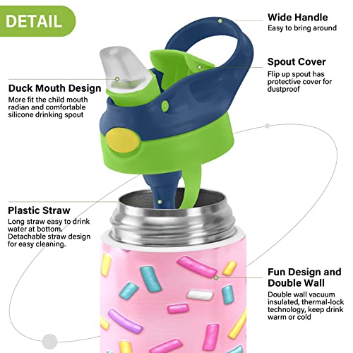 Kigai Pink Donut Glaze Kids Water Bottle, BPA-Free Vacuum Insulated Stainless Steel Water Bottle with Straw Lid Double Walled Leakproof Flask for Girls Boys Toddlers, 12Oz