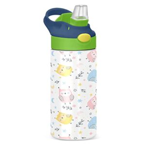 kigai cute owls kids water bottle, bpa-free vacuum insulated stainless steel water bottle with straw lid double walled leakproof flask for girls boys toddlers, 12oz