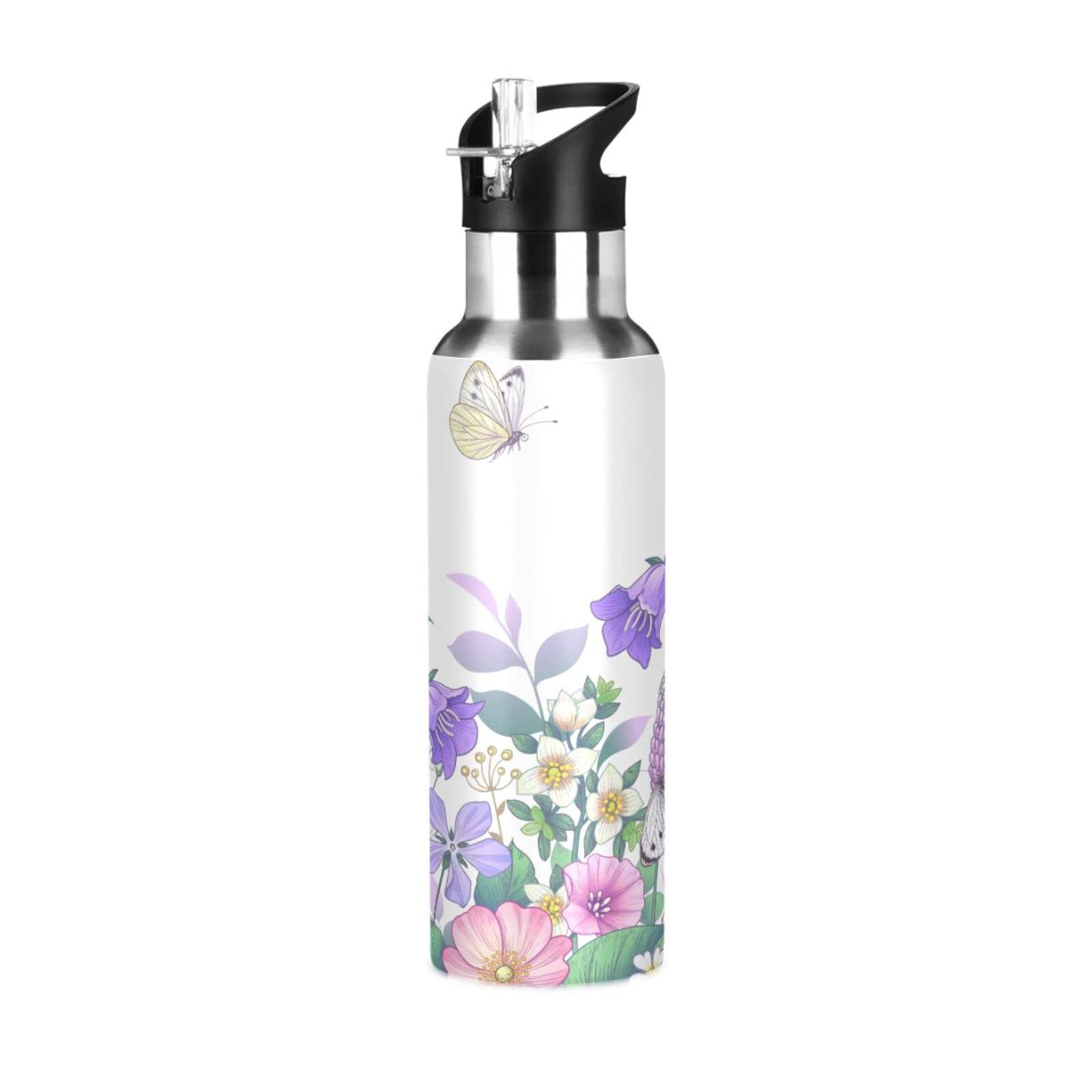 Kigai Butterfly Flowers Stainless Steel Sports Water Bottle BPA-Free Vacuum Insulated Leakproof Wide Mouth Flask with Straw Lid Keeps Liquids Cold or Hot for Gym Travel Camping