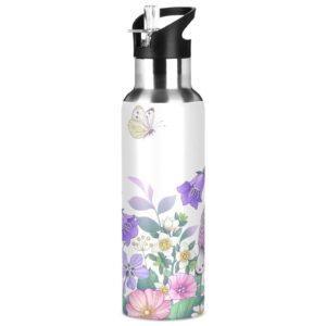 Kigai Butterfly Flowers Stainless Steel Sports Water Bottle BPA-Free Vacuum Insulated Leakproof Wide Mouth Flask with Straw Lid Keeps Liquids Cold or Hot for Gym Travel Camping