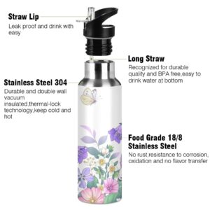 Kigai Butterfly Flowers Stainless Steel Sports Water Bottle BPA-Free Vacuum Insulated Leakproof Wide Mouth Flask with Straw Lid Keeps Liquids Cold or Hot for Gym Travel Camping