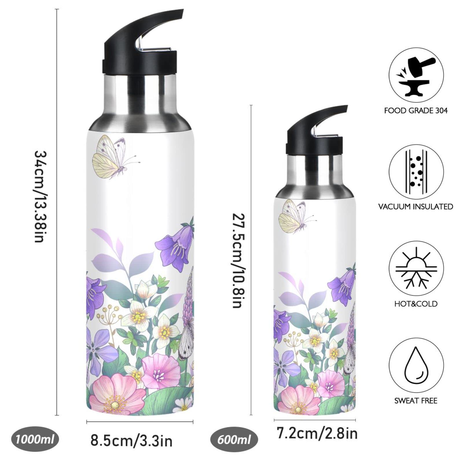 Kigai Butterfly Flowers Stainless Steel Sports Water Bottle BPA-Free Vacuum Insulated Leakproof Wide Mouth Flask with Straw Lid Keeps Liquids Cold or Hot for Gym Travel Camping