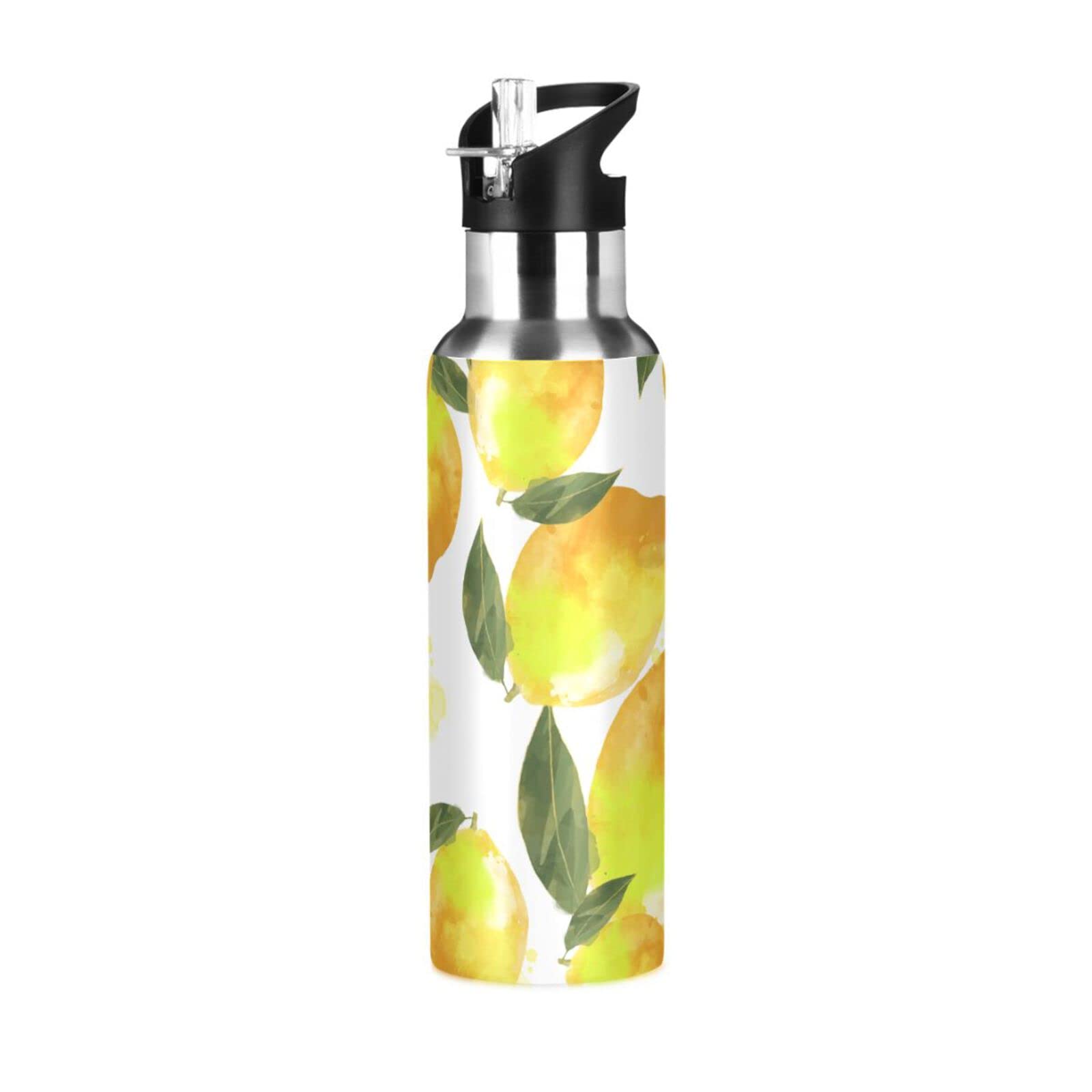 Water Bottle with Straw Lid Leak Lemon Yellow Limon Tropical Fruit Stainless Steel Metal Double Wall Insulated Thermos Vacuum Flask for Cold Hot Drinking for Sports, Camping, Gym, Yoga