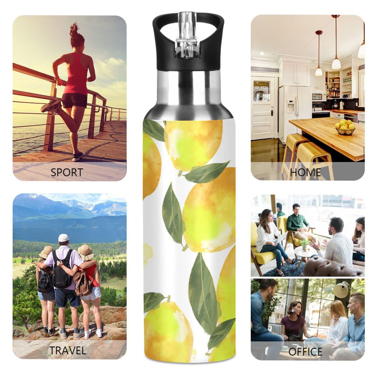 Water Bottle with Straw Lid Leak Lemon Yellow Limon Tropical Fruit Stainless Steel Metal Double Wall Insulated Thermos Vacuum Flask for Cold Hot Drinking for Sports, Camping, Gym, Yoga