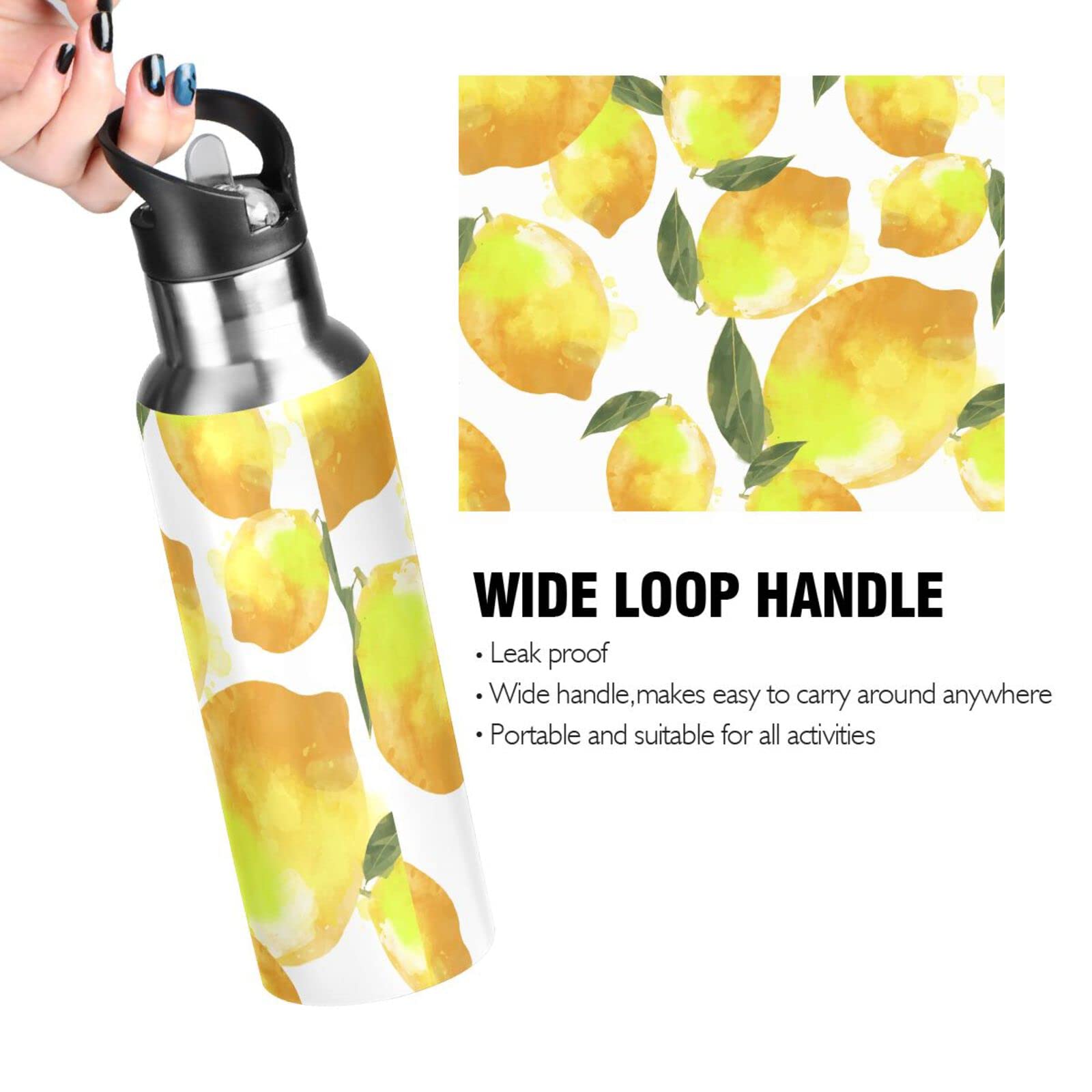 Water Bottle with Straw Lid Leak Lemon Yellow Limon Tropical Fruit Stainless Steel Metal Double Wall Insulated Thermos Vacuum Flask for Cold Hot Drinking for Sports, Camping, Gym, Yoga