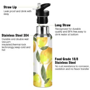 Water Bottle with Straw Lid Leak Lemon Yellow Limon Tropical Fruit Stainless Steel Metal Double Wall Insulated Thermos Vacuum Flask for Cold Hot Drinking for Sports, Camping, Gym, Yoga