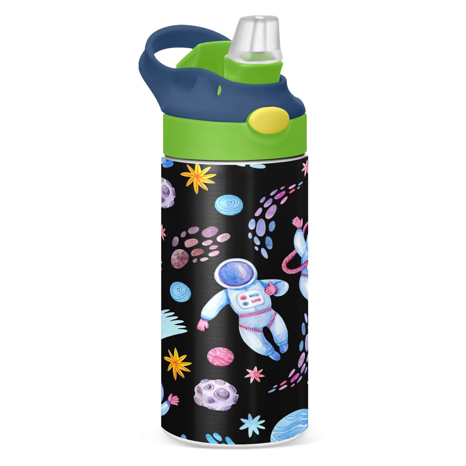 Boccsty Astronauts Planets Stars Kids Water Bottle with Straw Lid Meteors Space Insulated Stainless Steel Reusable Tumbler for Boys Girls Toddlers 12 oz Green