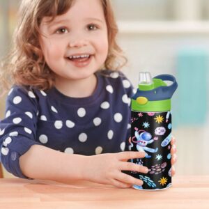 Boccsty Astronauts Planets Stars Kids Water Bottle with Straw Lid Meteors Space Insulated Stainless Steel Reusable Tumbler for Boys Girls Toddlers 12 oz Green