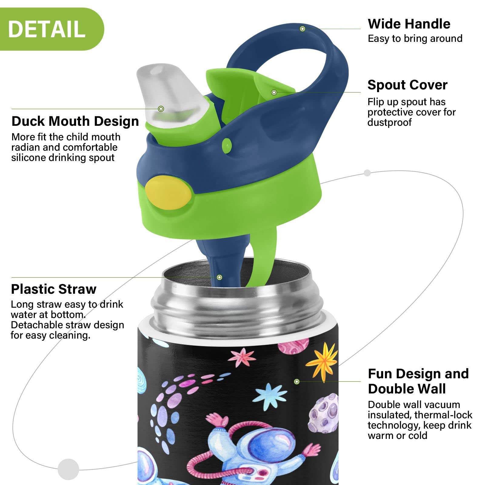 Boccsty Astronauts Planets Stars Kids Water Bottle with Straw Lid Meteors Space Insulated Stainless Steel Reusable Tumbler for Boys Girls Toddlers 12 oz Green