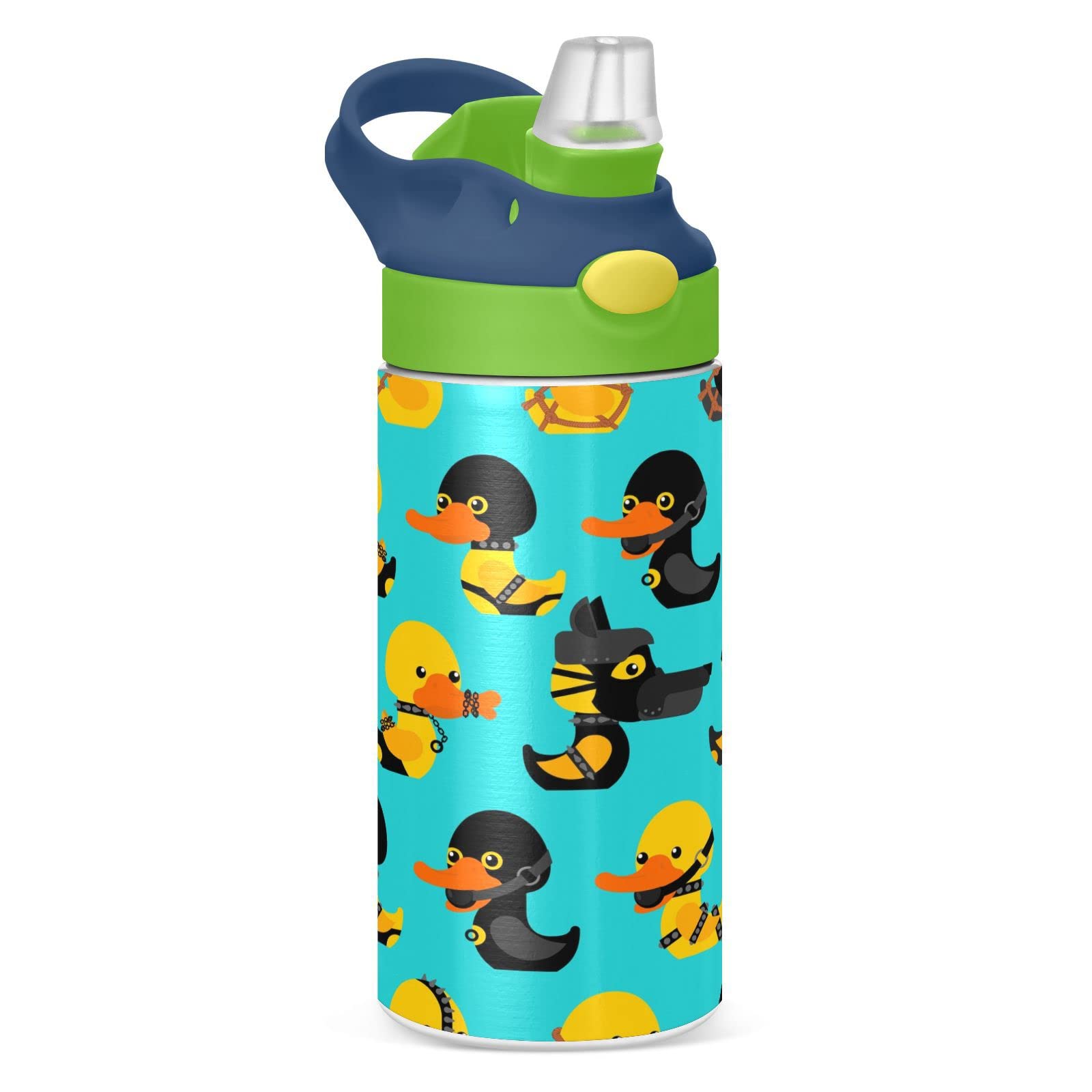 Boccsty Duck Pattern Kids Water Bottle with Straw Lid Yellow Animal Insulated Stainless Steel Reusable Tumbler for Boys Girls Toddlers 12 oz Green