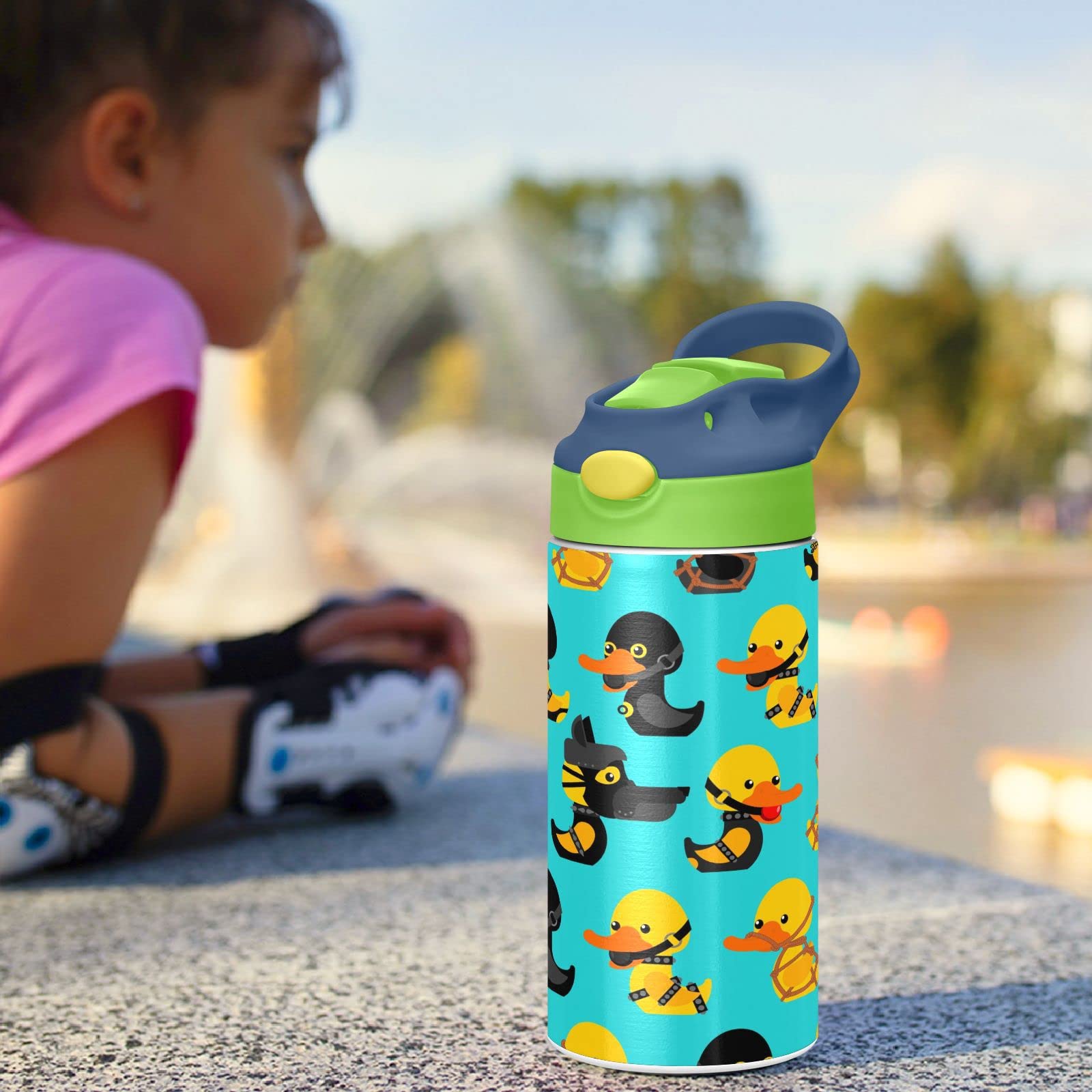 Boccsty Duck Pattern Kids Water Bottle with Straw Lid Yellow Animal Insulated Stainless Steel Reusable Tumbler for Boys Girls Toddlers 12 oz Green