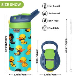 Boccsty Duck Pattern Kids Water Bottle with Straw Lid Yellow Animal Insulated Stainless Steel Reusable Tumbler for Boys Girls Toddlers 12 oz Green