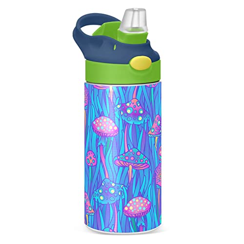 Boccsty Magic Mushrooms Pattern Kids Water Bottle with Straw Lid 60s Hippie Insulated Stainless Steel Reusable Tumbler for Boys Girls Toddlers 12 oz Green