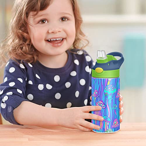 Boccsty Magic Mushrooms Pattern Kids Water Bottle with Straw Lid 60s Hippie Insulated Stainless Steel Reusable Tumbler for Boys Girls Toddlers 12 oz Green