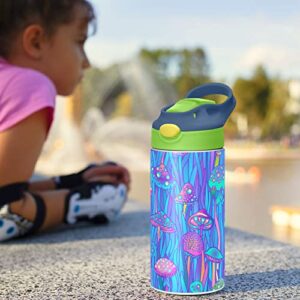 Boccsty Magic Mushrooms Pattern Kids Water Bottle with Straw Lid 60s Hippie Insulated Stainless Steel Reusable Tumbler for Boys Girls Toddlers 12 oz Green