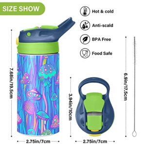 Boccsty Magic Mushrooms Pattern Kids Water Bottle with Straw Lid 60s Hippie Insulated Stainless Steel Reusable Tumbler for Boys Girls Toddlers 12 oz Green