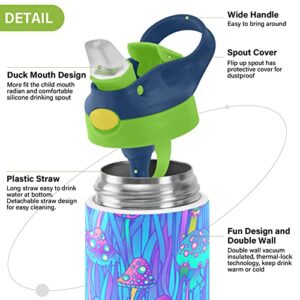 Boccsty Magic Mushrooms Pattern Kids Water Bottle with Straw Lid 60s Hippie Insulated Stainless Steel Reusable Tumbler for Boys Girls Toddlers 12 oz Green