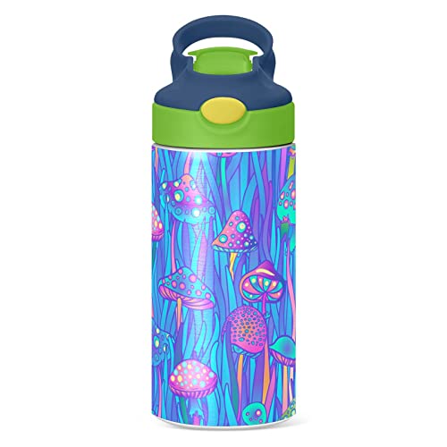 Boccsty Magic Mushrooms Pattern Kids Water Bottle with Straw Lid 60s Hippie Insulated Stainless Steel Reusable Tumbler for Boys Girls Toddlers 12 oz Green