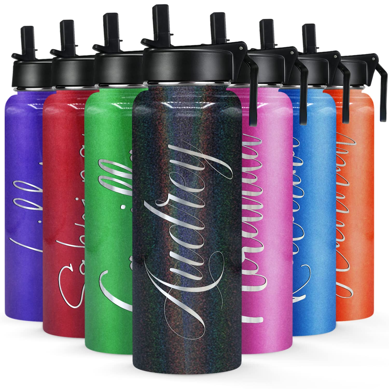 Personalized Water Bottle with Straw Lid on Black Glitter for Gym Engraved Custom Women Name 40 oz Modern Insulated Stainless