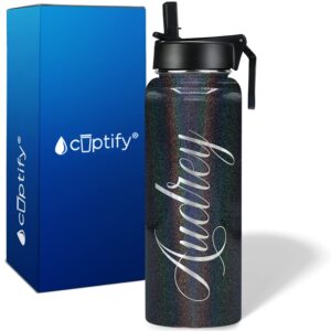 Personalized Water Bottle with Straw Lid on Black Glitter for Gym Engraved Custom Women Name 40 oz Modern Insulated Stainless